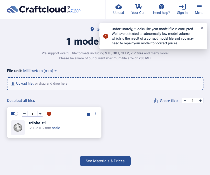How do I fix file upload errors and warnings on Craftcloud?