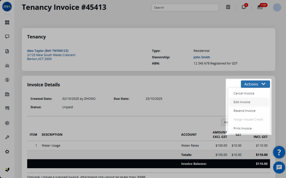 Edit a tenancy invoice