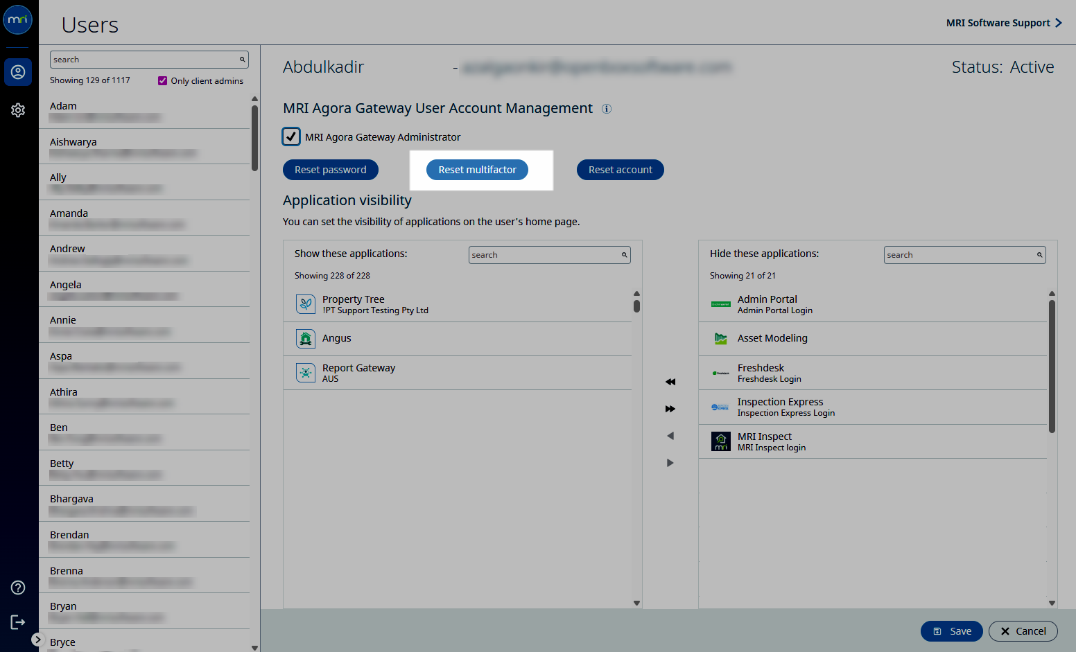 Reset password, MFA and account via Agora Gateway Administration