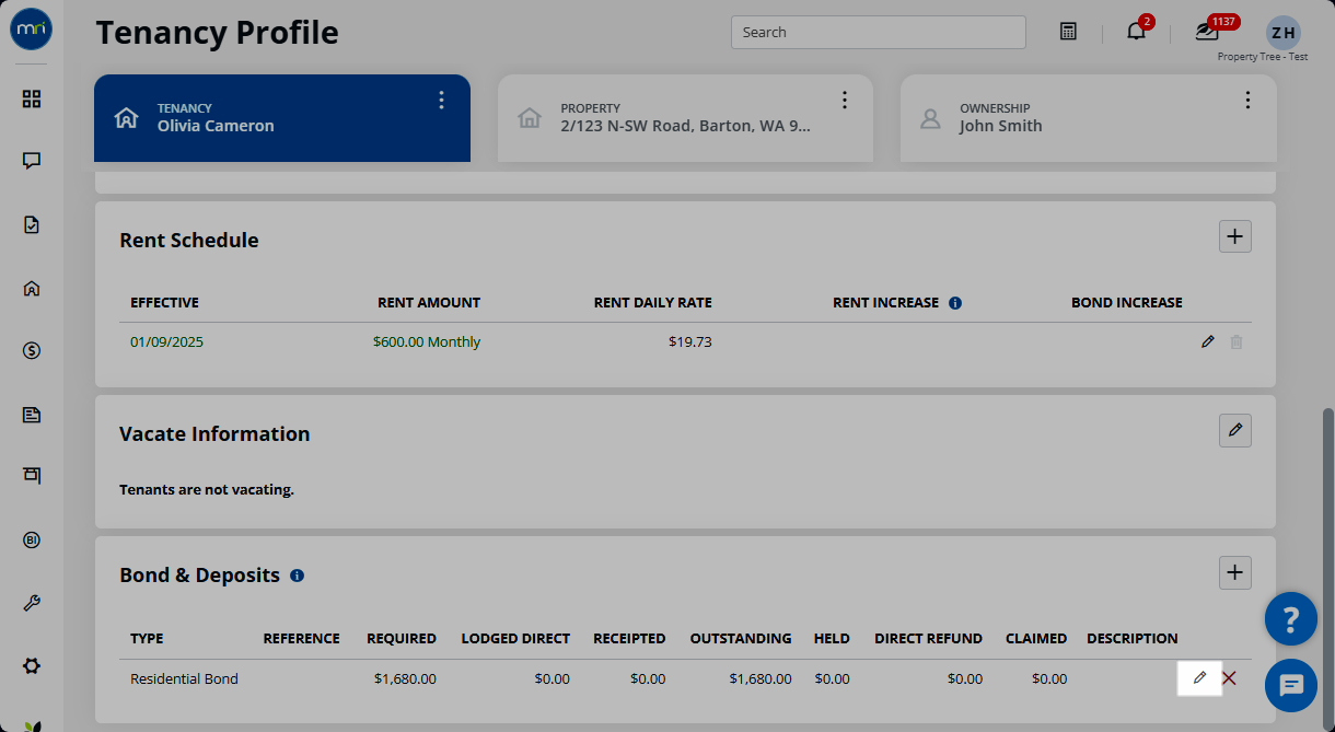 Add, update and receipt tenancy bond