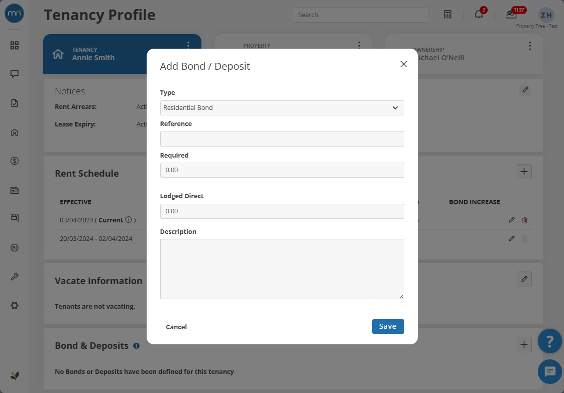 Add, update and receipt tenancy bond