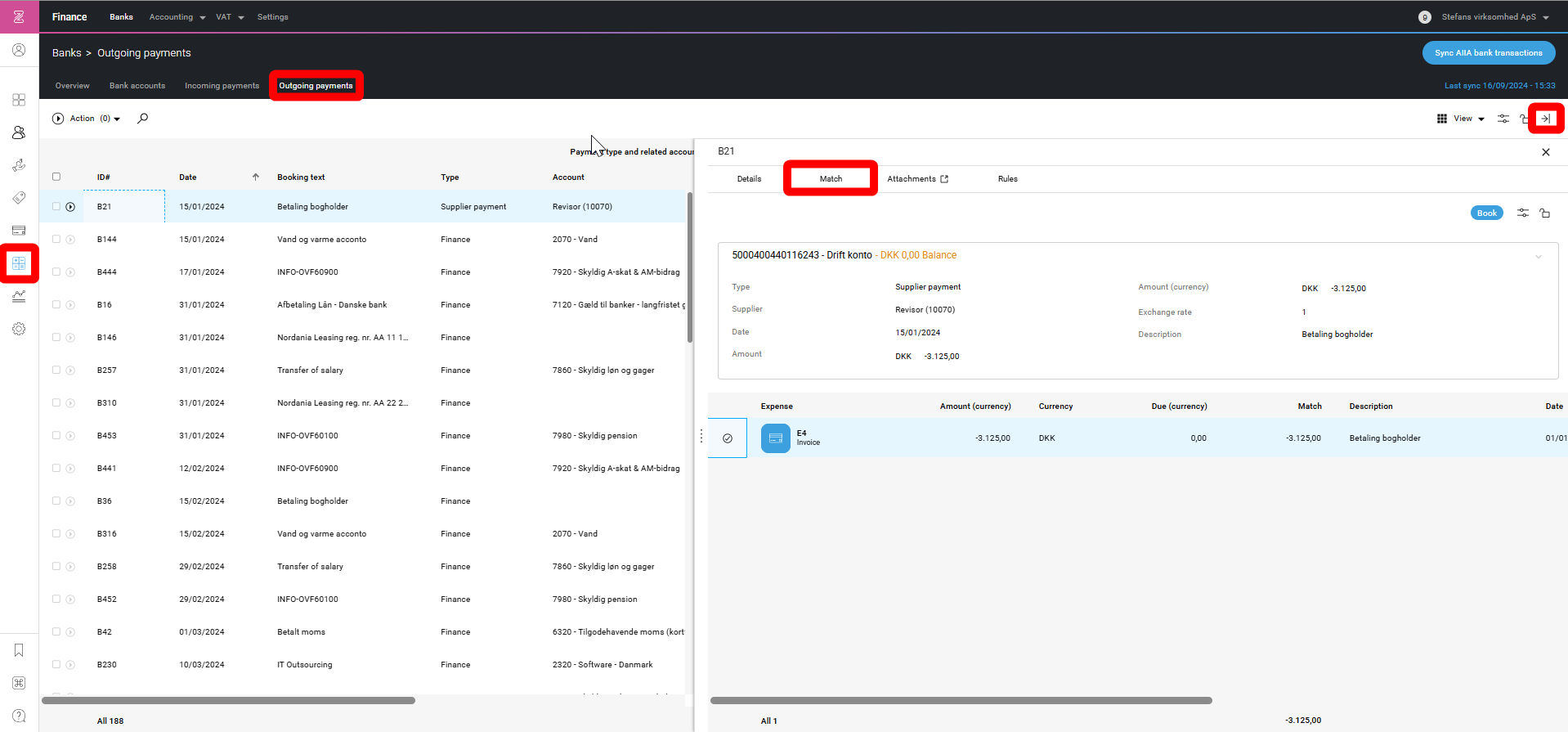 Match the outgoing payment with a Supplier invoice