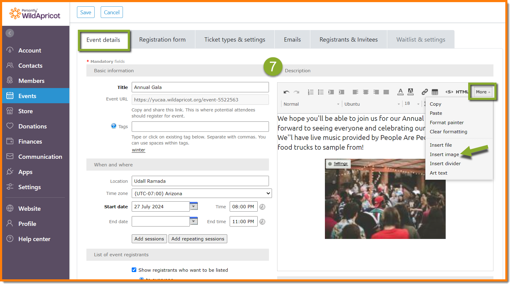 Setting up an advanced event