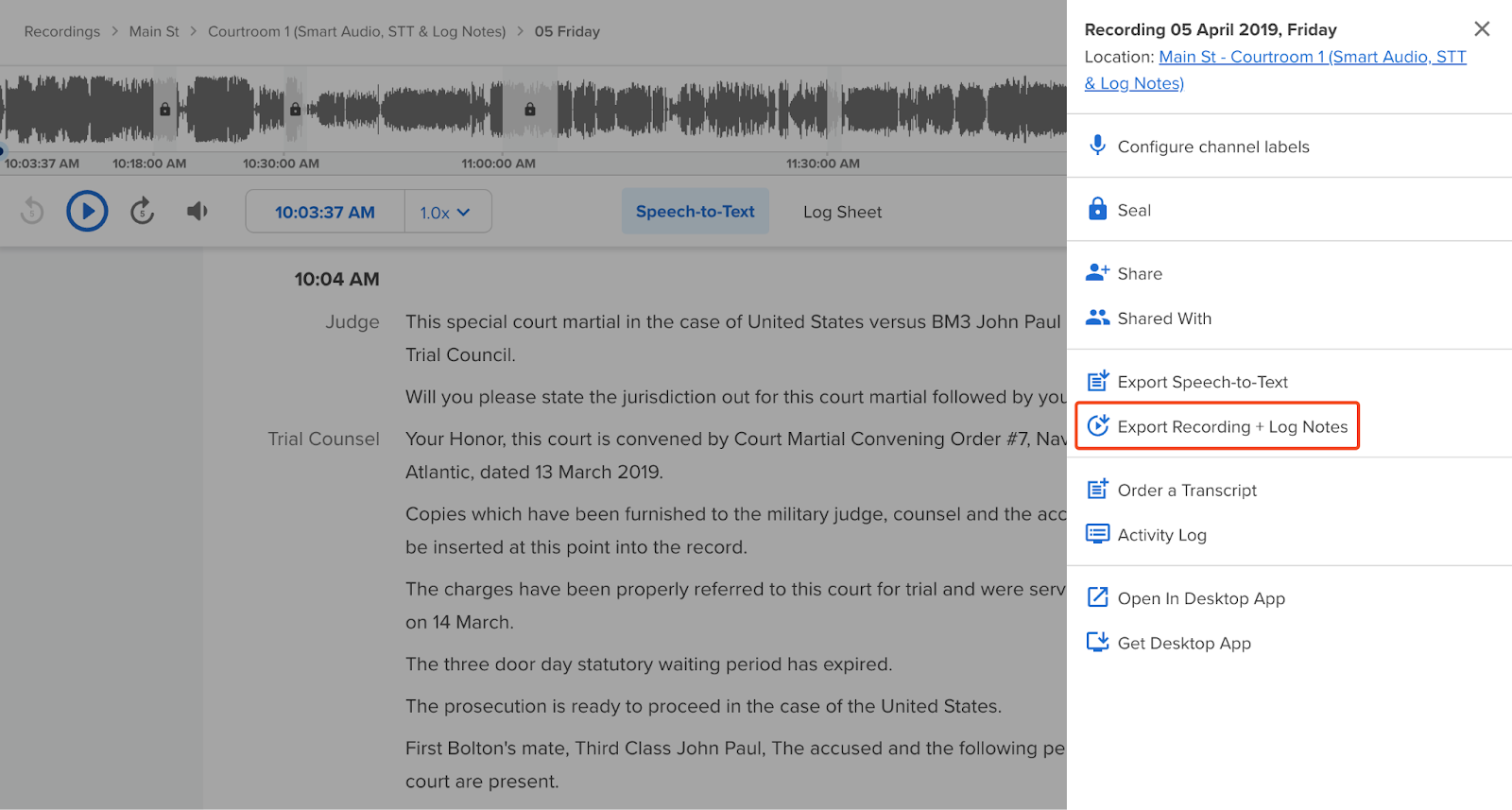 How can I export recording audio and log notes?
