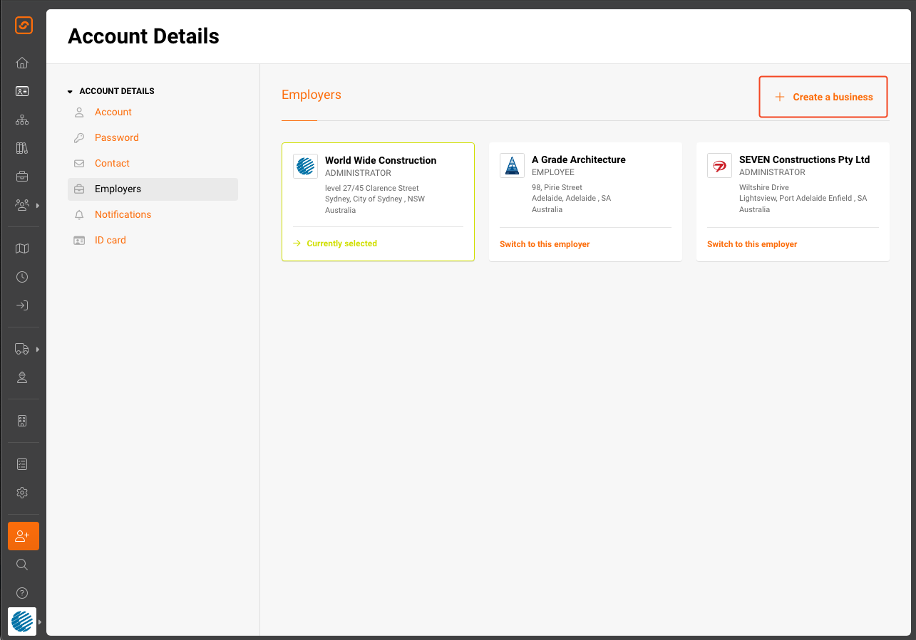 Register a new Contractor business profile from My Profile