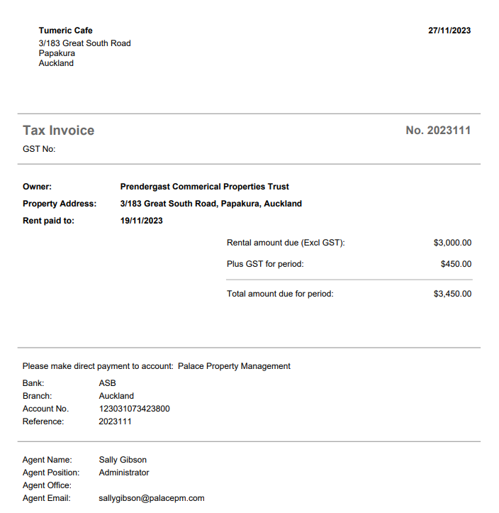 Create a commercial tenancy rent invoice