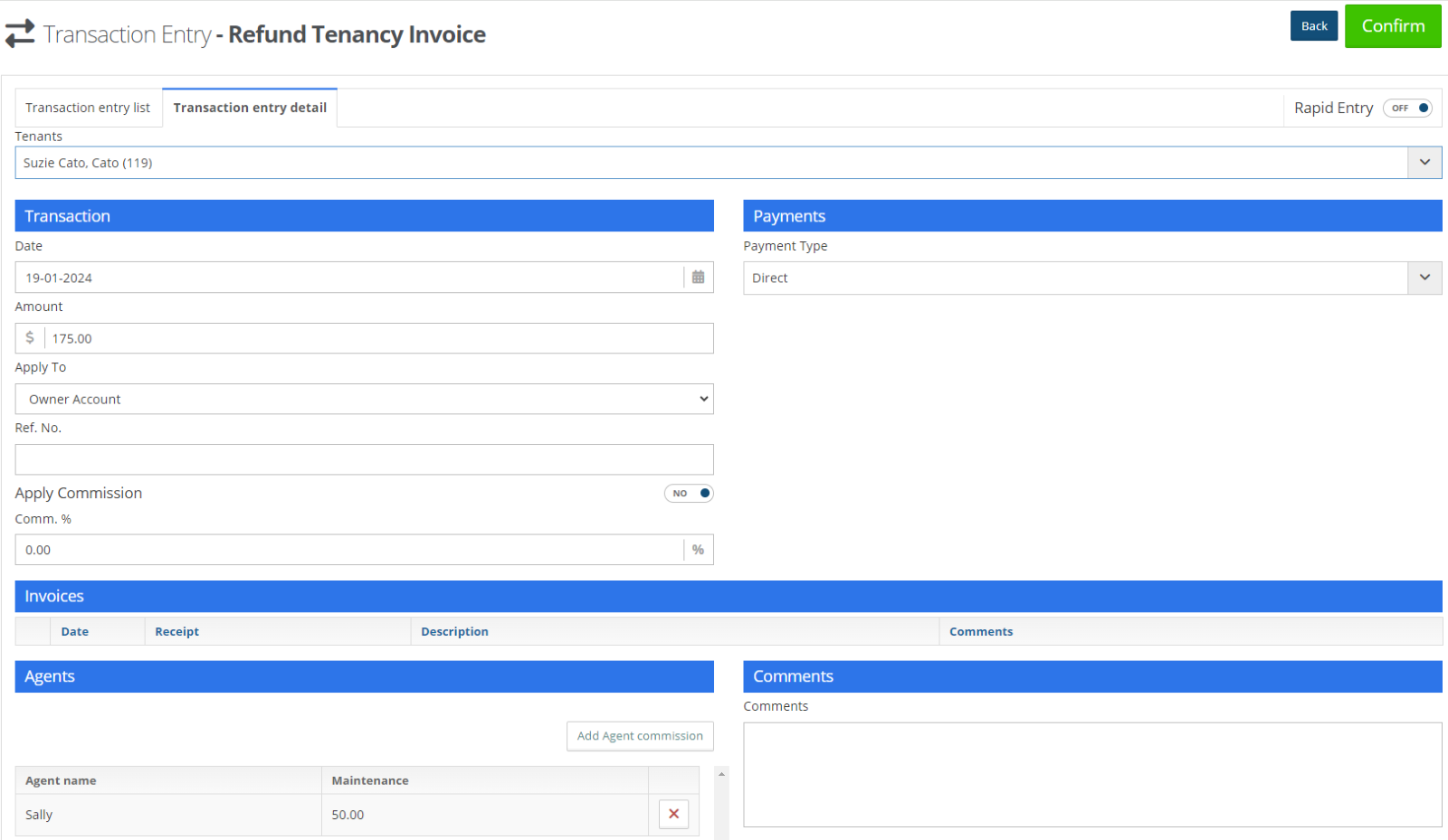 Refund tenancy invoices