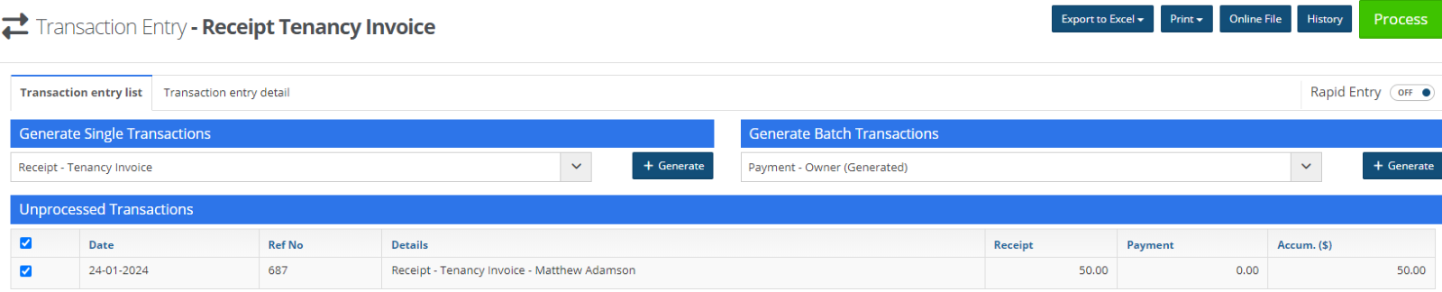 Receipt to tenancy bond ledger