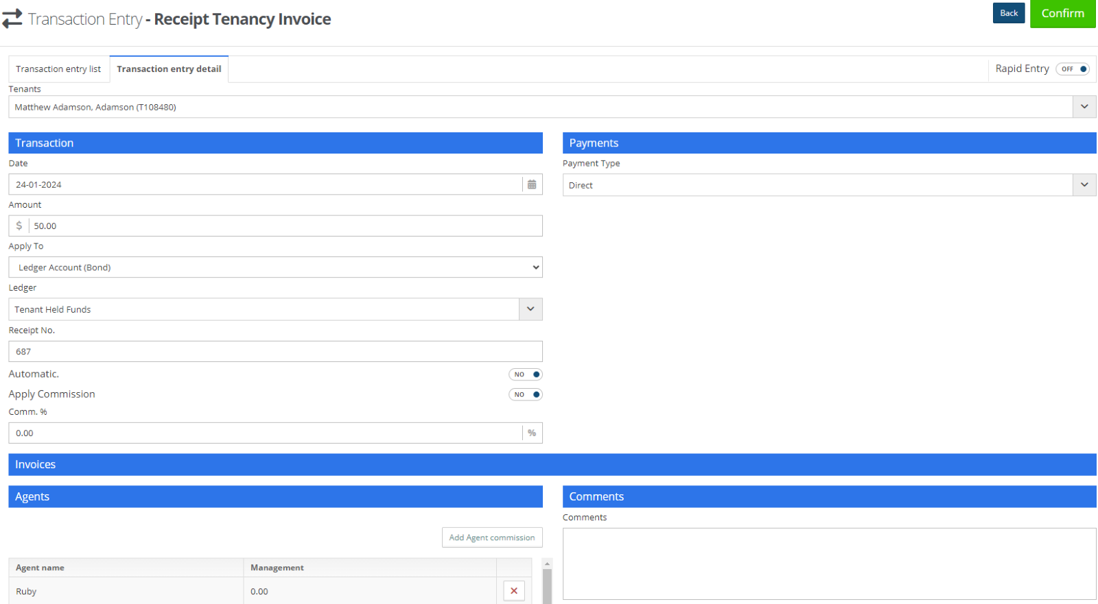 Receipt to tenancy bond ledger