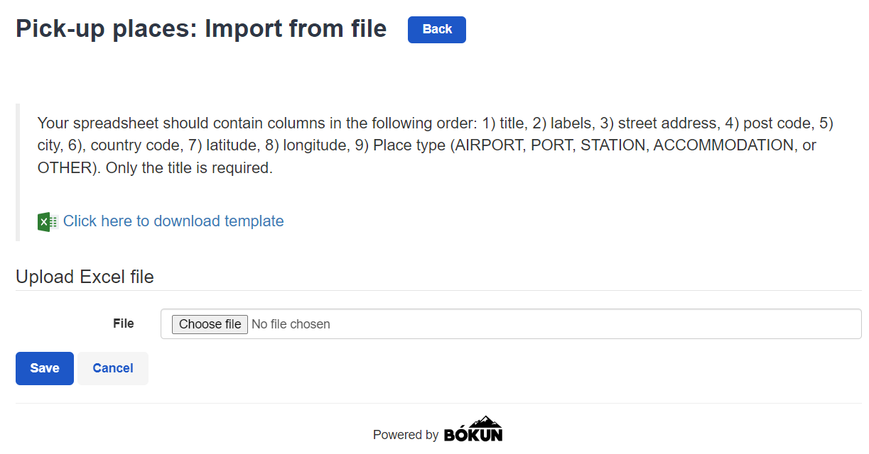 Pick-up places: Importing Pick-up places from Excel spreadsheet
