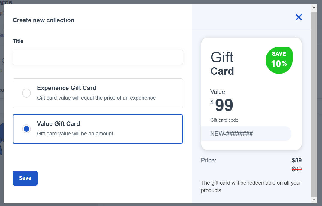 Creating value gift cards to sell your products