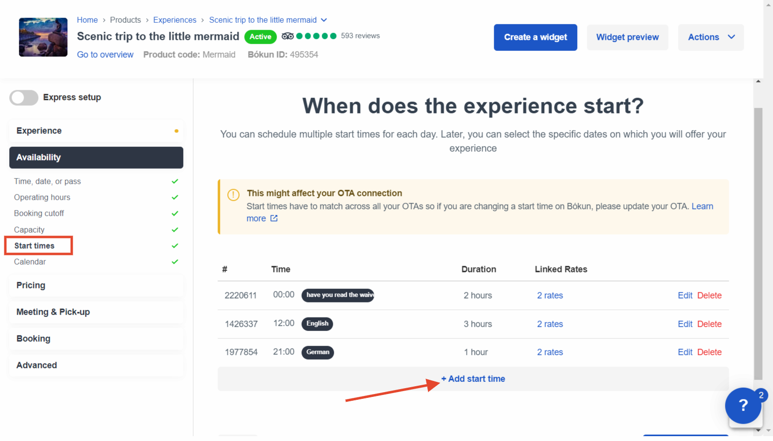 How to add new start times for experiences