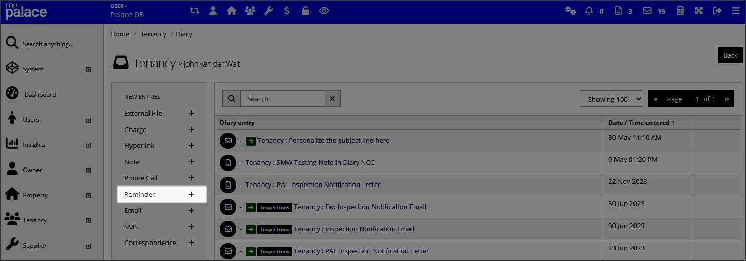Reminders dashboard overview