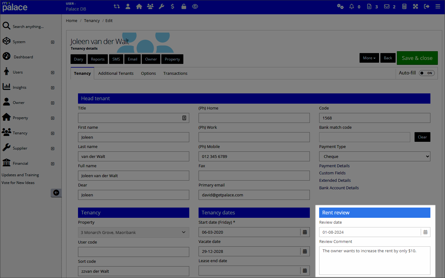 Manage rent reviews and rent changes