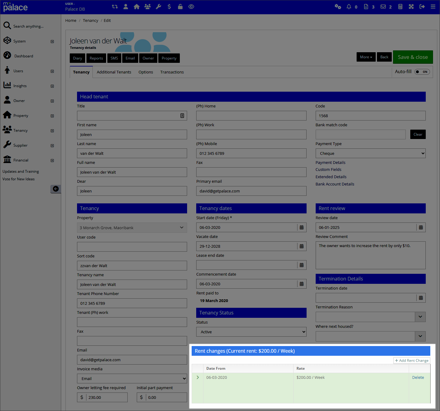 Manage rent reviews and rent changes