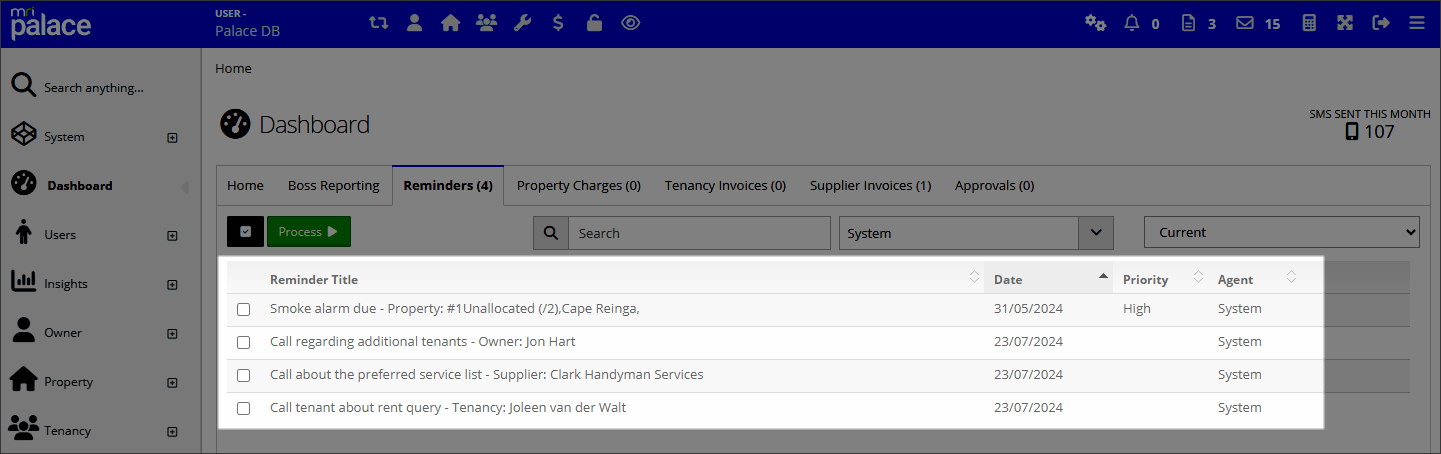 Reminders dashboard overview