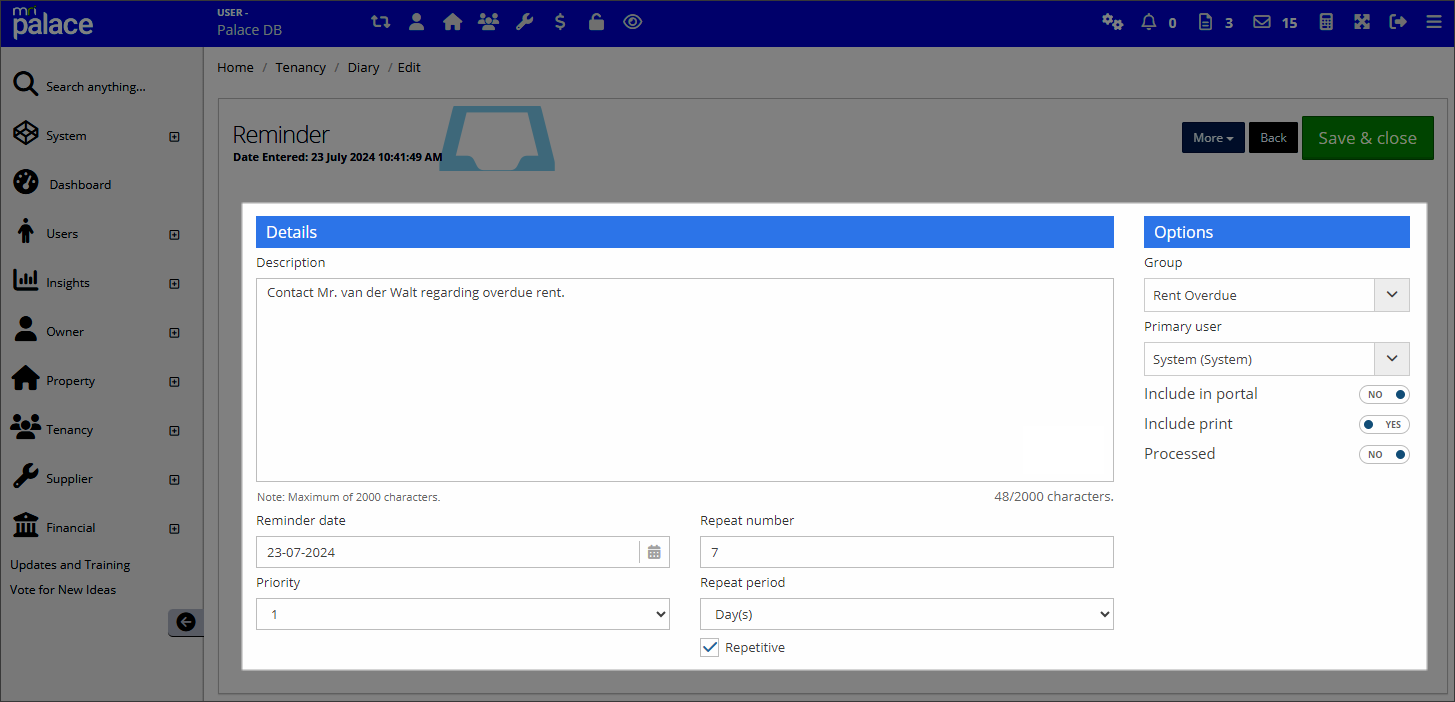 Reminders dashboard overview