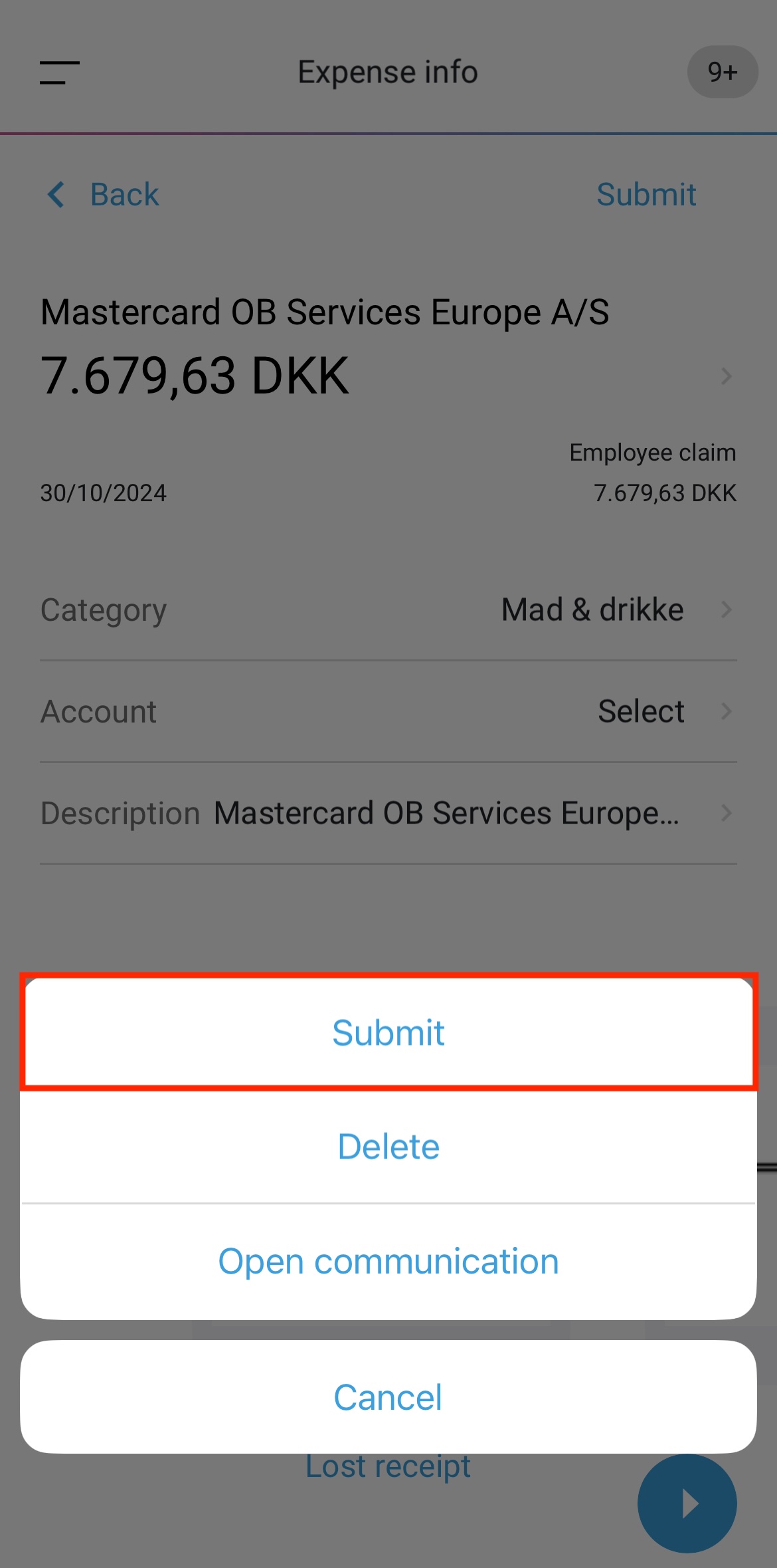 Submit an expense for approval - Mobile app