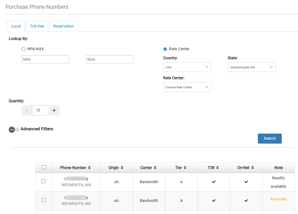 Purchasing Phone Numbers