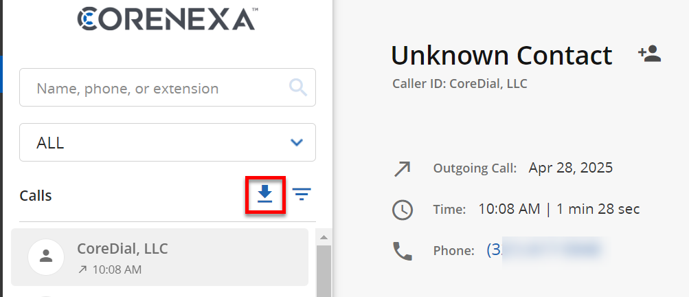 CoreNexa Desktop/Browser - Call History