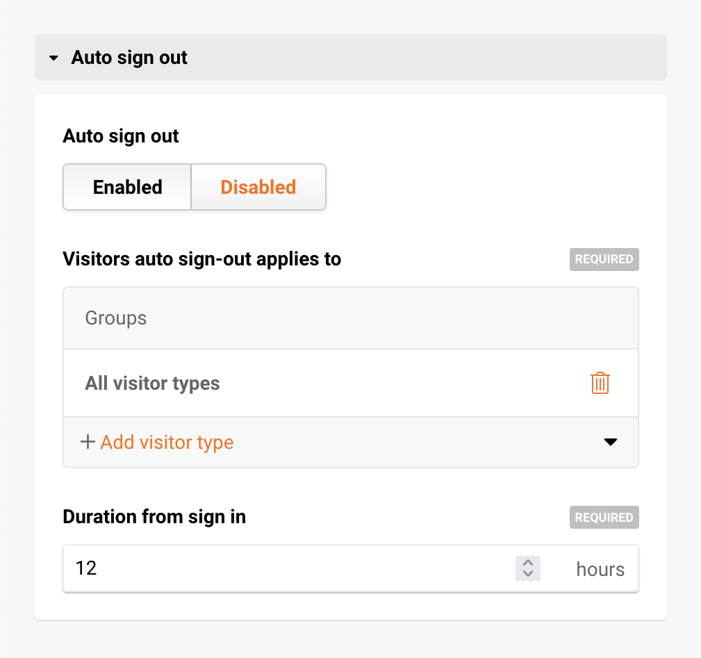 Worksite visitor management settings: Auto sign-out