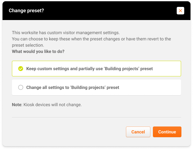 Worksite visitor management settings - Assigning a preset