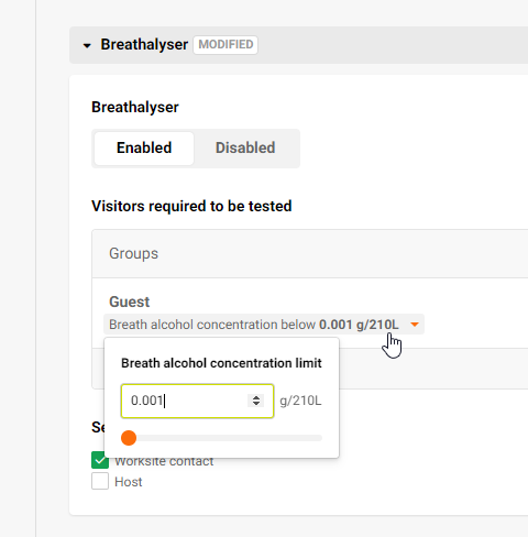 Worksite visitor management settings: Enable breathalyser integration ...