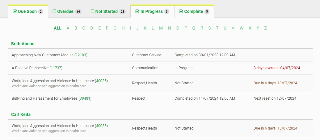 Dashboard - Send a training reminder