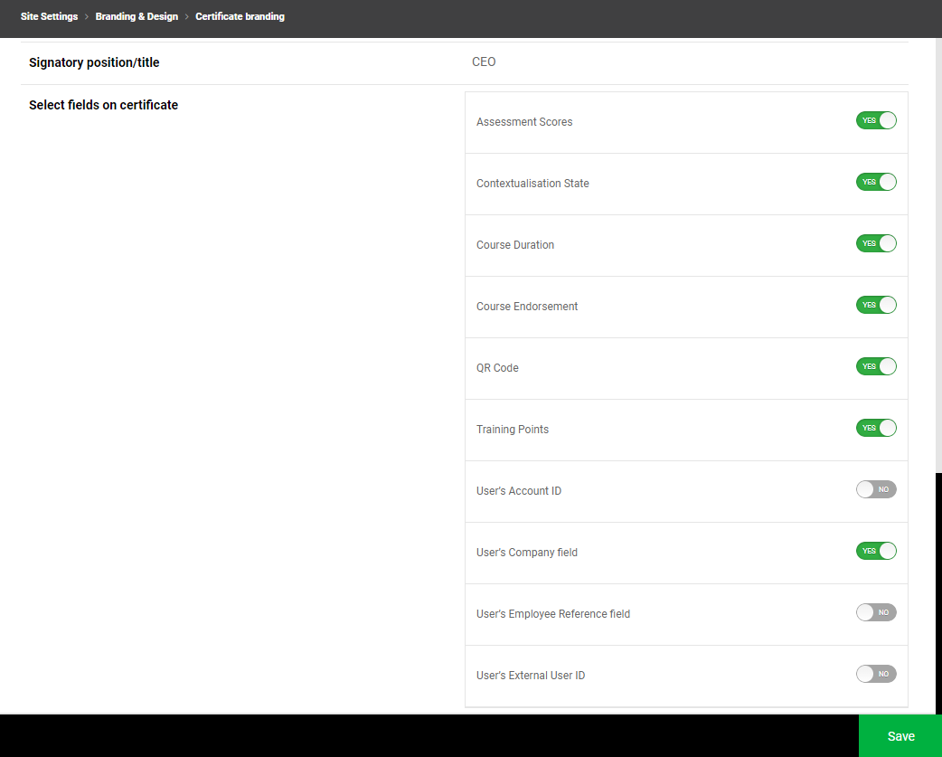Certificate branding - Select fields on certificate
