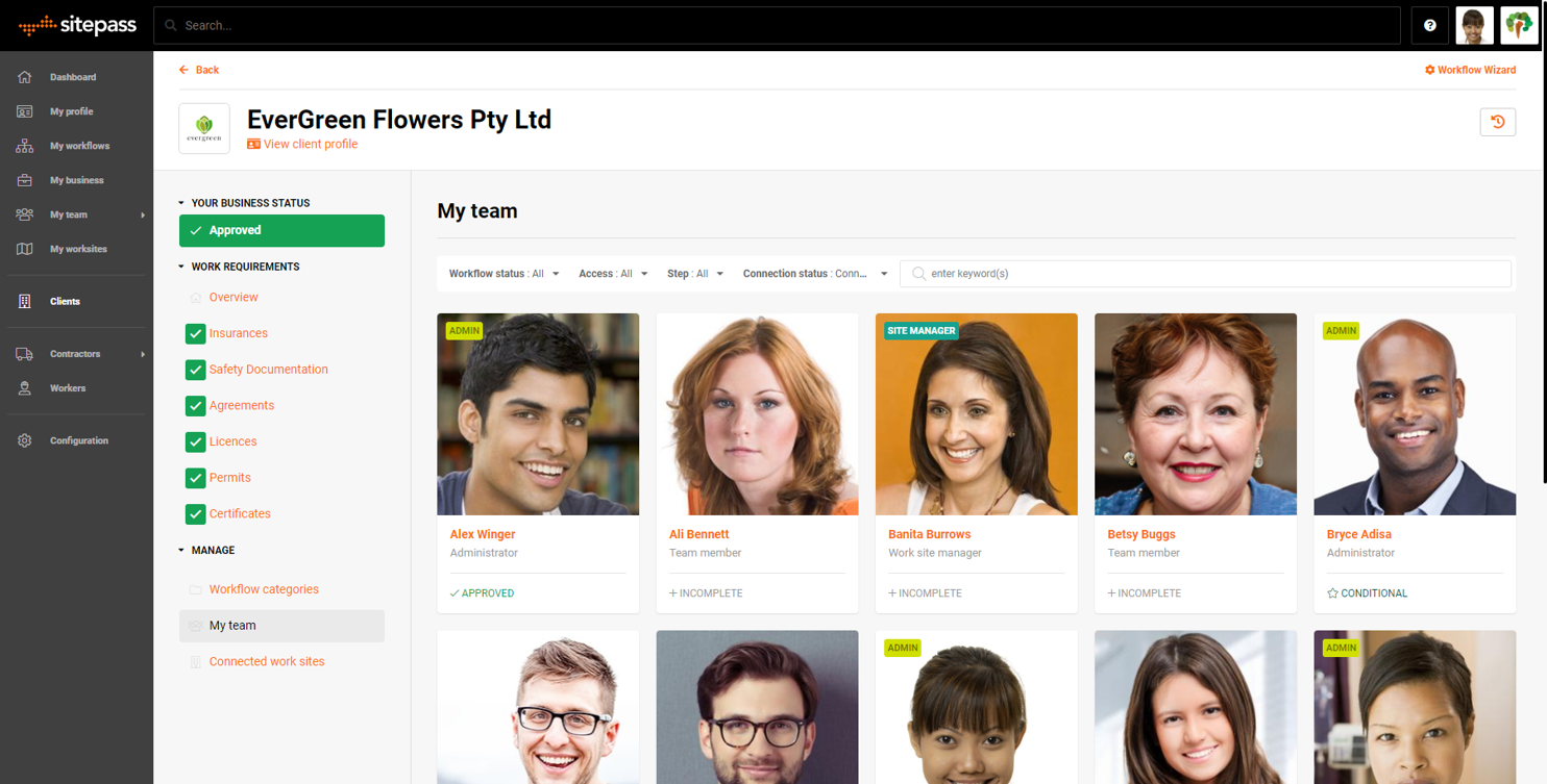 Manage my team members connected to a client