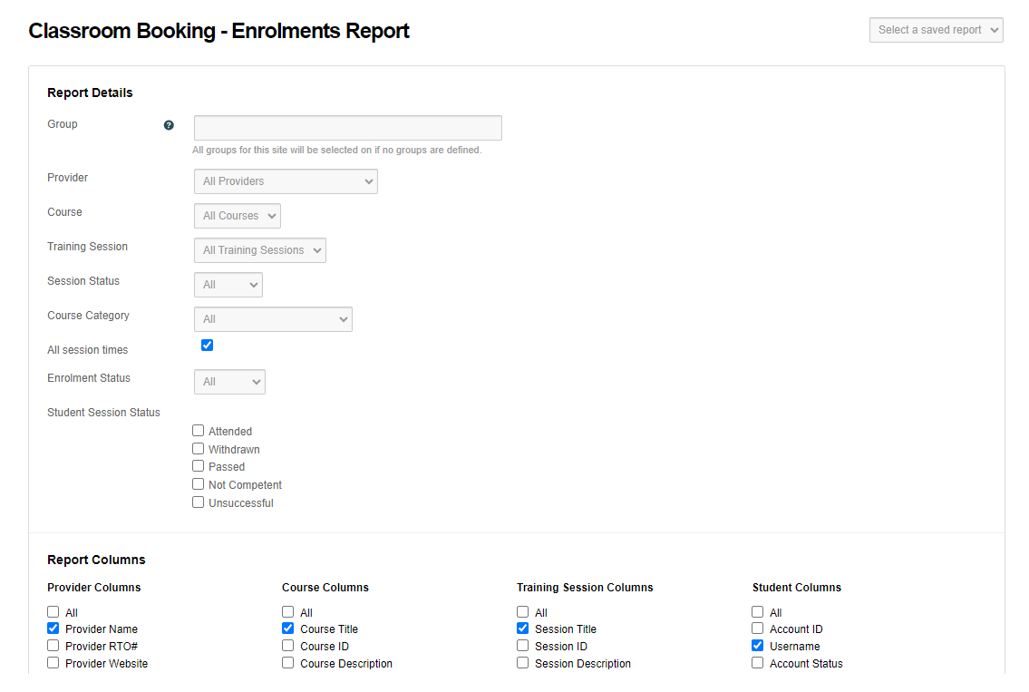 Reporting options - Classroom Booking System
