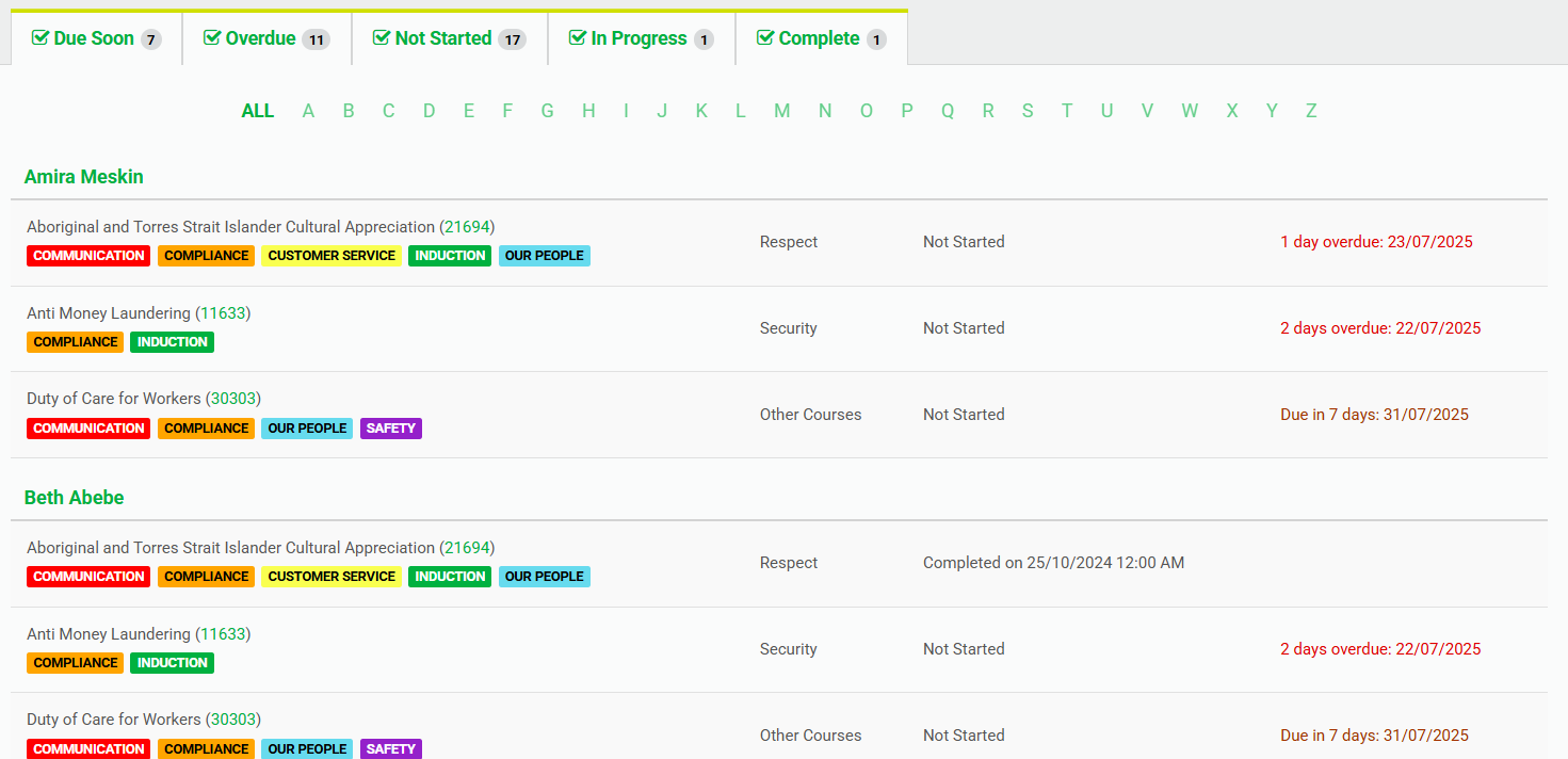 Dashboard - My team's learning progress