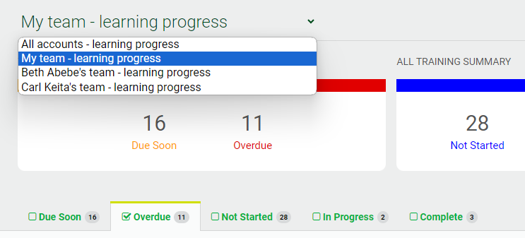 Dashboard - My team's learning progress