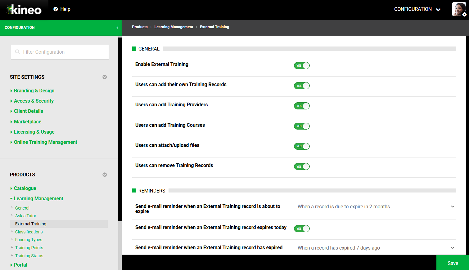 External Training Configuration