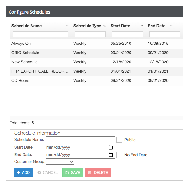 Contact Center Essentials Configure Schedules